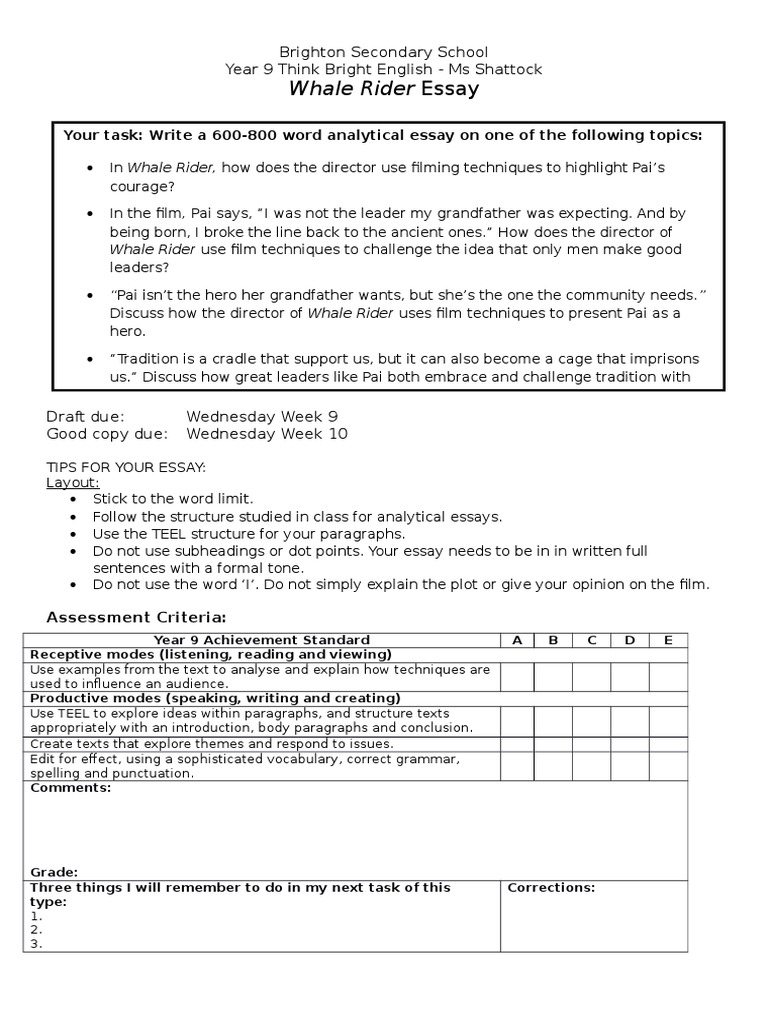Whale Rider Essay Task Sheet | PDF