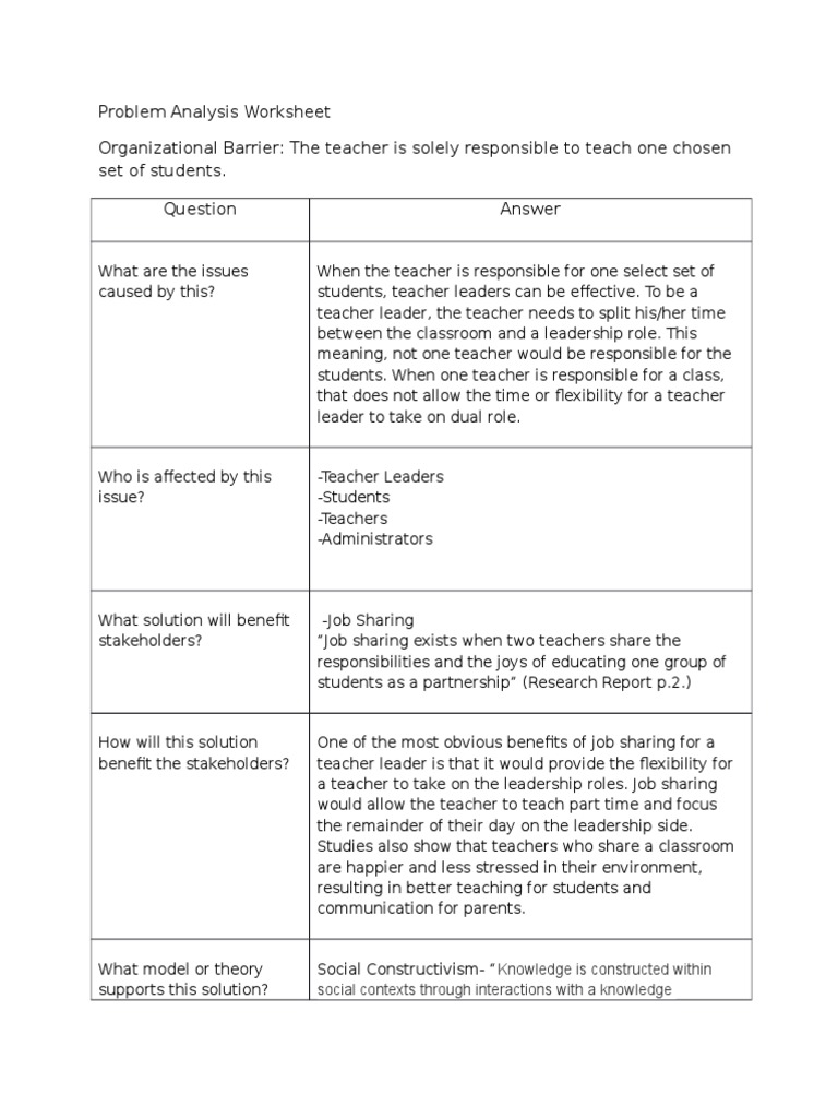 Problem Analysis Worksheet | PDF | Collaboration | Teachers