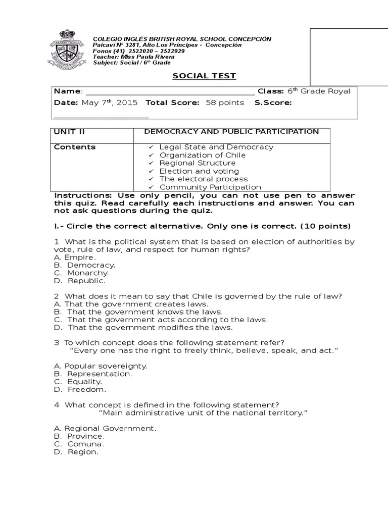 6th Grade Social Test: Democracy in Chile | PDF | Voting | Elections