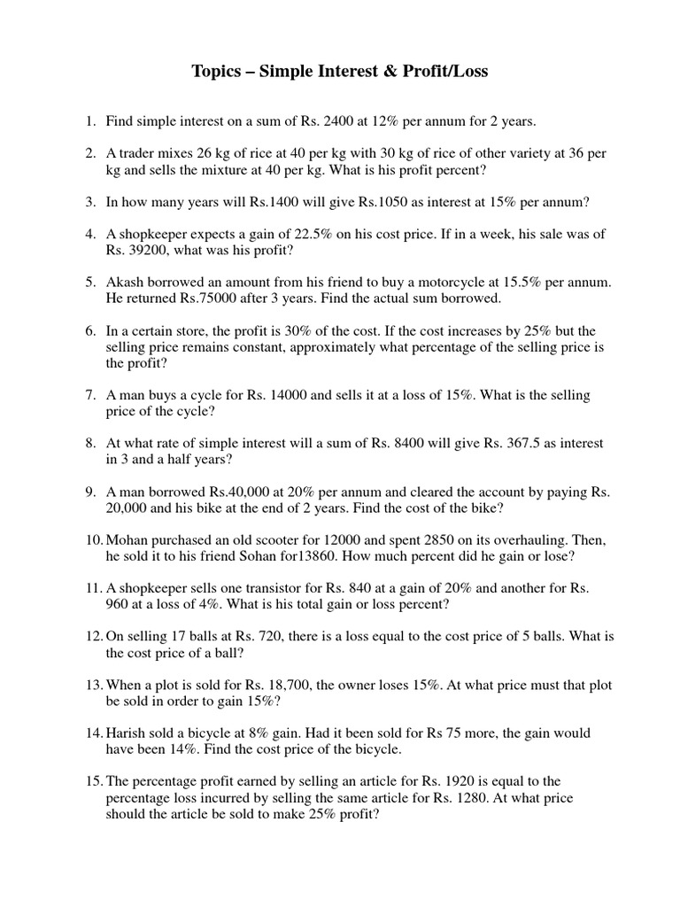 Class 6 Profit and Loss Worksheets | PDF | Interest | Percentage