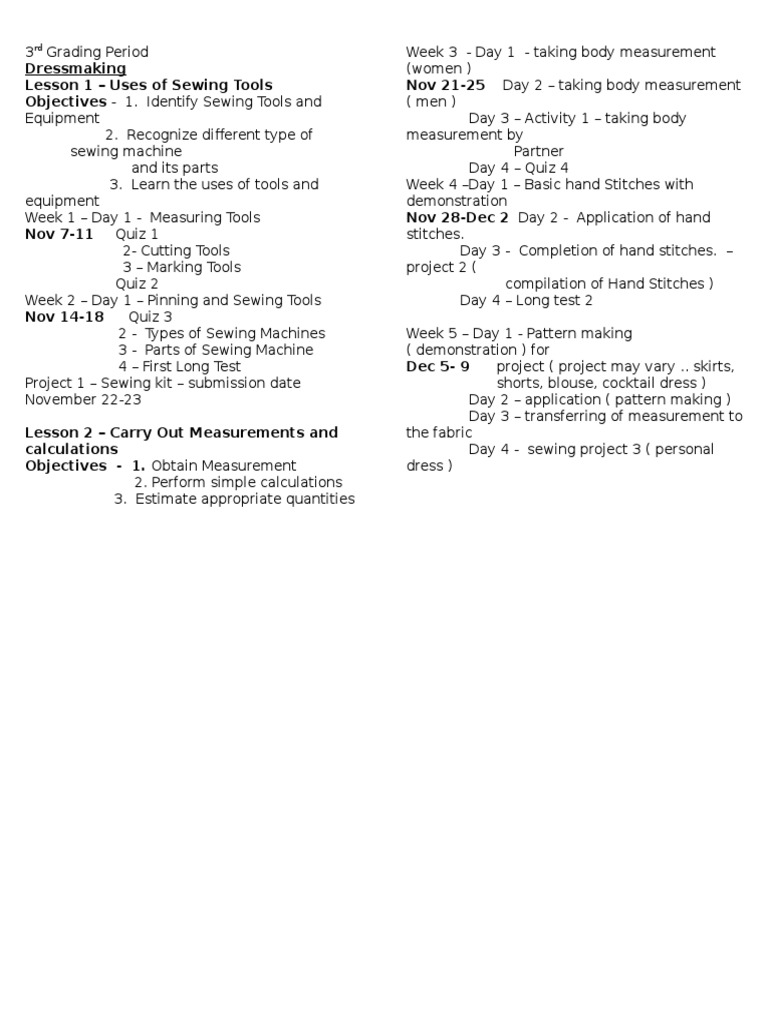Grade 8 Dressmaking Curriculum Overview | PDF | Computers