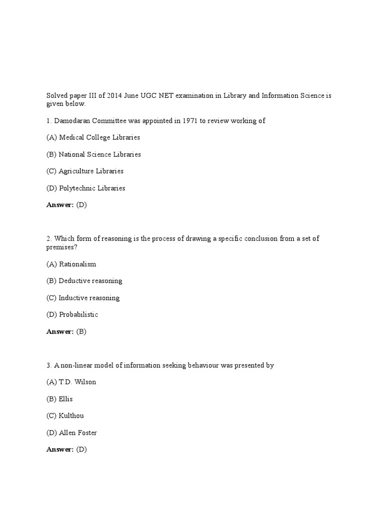 Solved Paper III of 2014 June UGC NET Examination in Library and ...