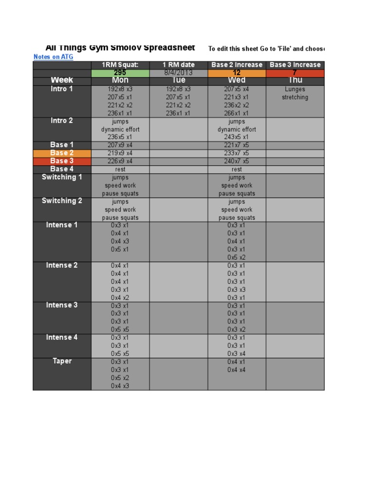 Smolov Squat and Bench Spreadsheet | PDF | Teaching Mathematics | Business