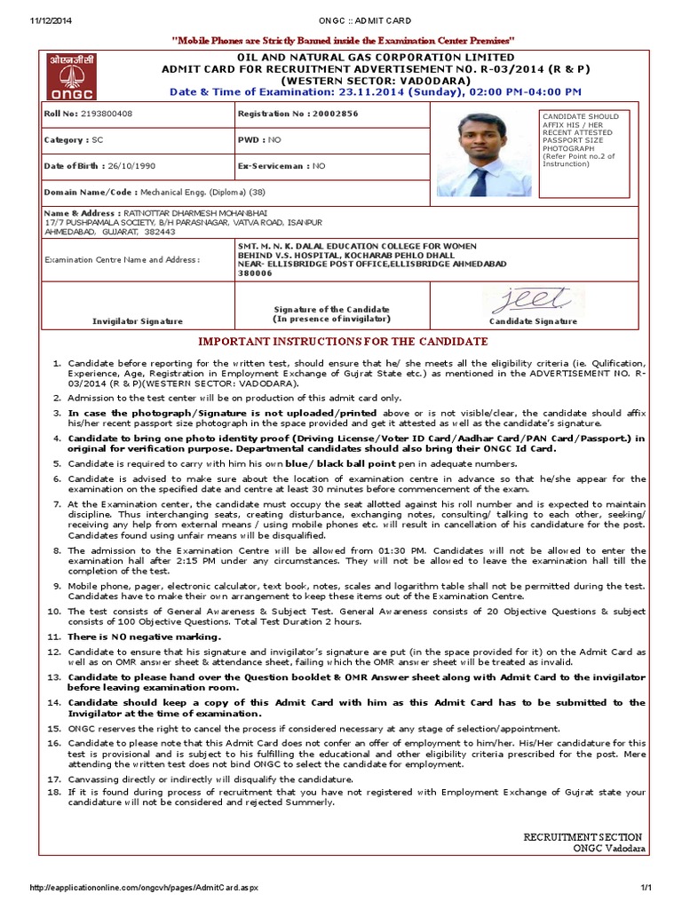 Ongc - Admit Card PDF | PDF | Test (Assessment) | Government Information