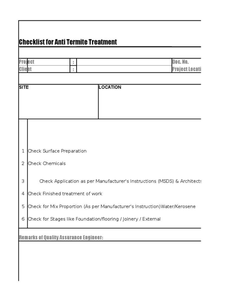 Checklist for Anti Termite Treatment