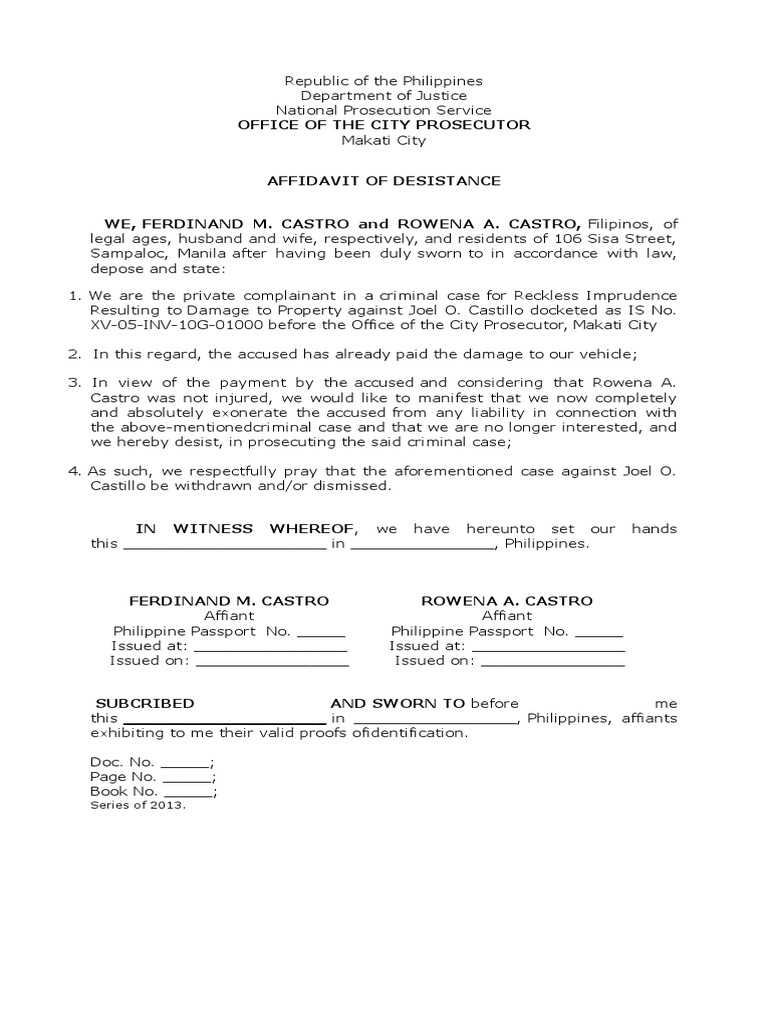 Affidavit Od Desistance Samples | Prosecutor | Manila