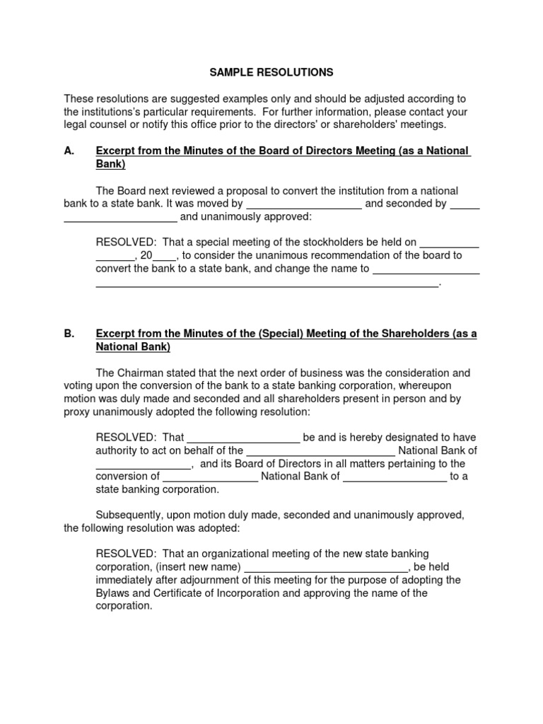 Form Bank Sample Resolutions | Proxy Voting | Board Of Directors