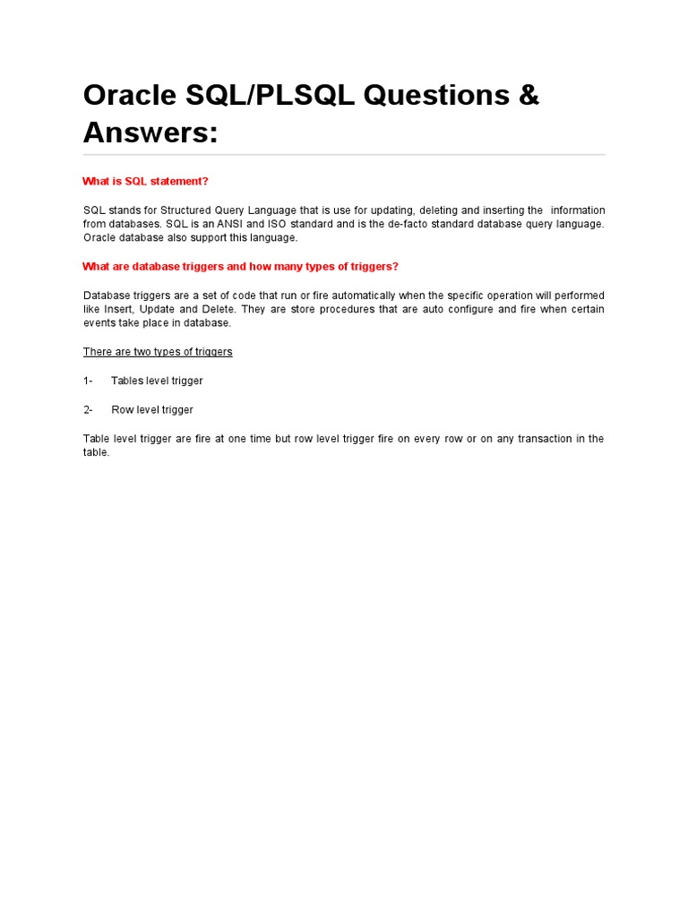 Oracle SQL/PLSQL Questions & Answers:: What Is SQL Statement? | PDF