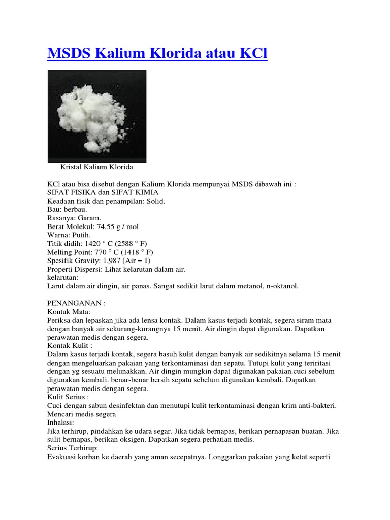 MSDS Kalium Klorida (KCl) dan Sifatnya | PDF | Sains & Matematika