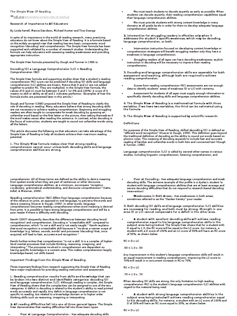 The Simple View of Reading | PDF | Reading Comprehension | Reading ...