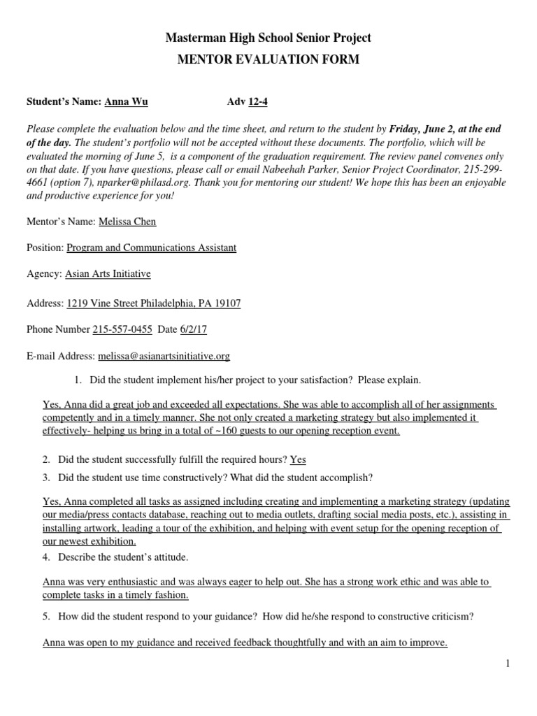 Masterman High School Senior Project Mentor Evaluation Form | PDF ...