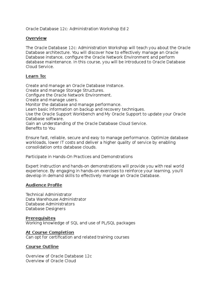 Oracle Database 12c - Administration Workshop Ed 2 | PDF | Oracle ...
