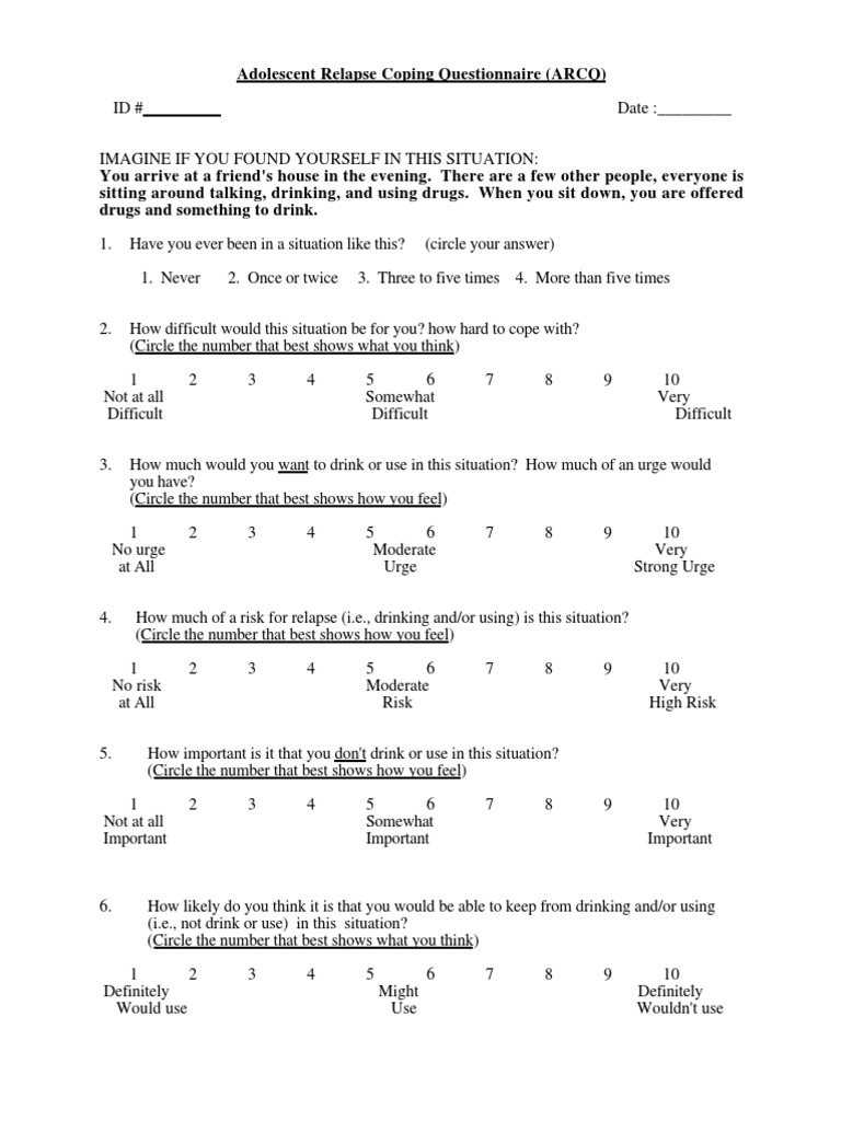 Adolescent Relapse Coping Questionnaire (ARCQ) | PDF | Self Control ...