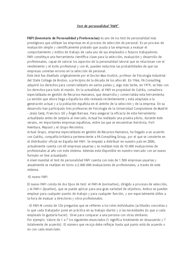 Test de Personalidad PAPI para Reclutamiento de Personal | PDF ...