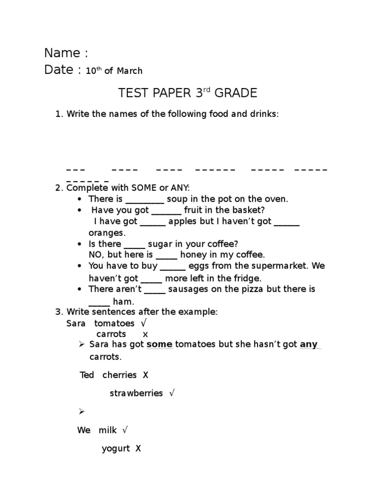 3rd Grade Food and Grammar Test | PDF