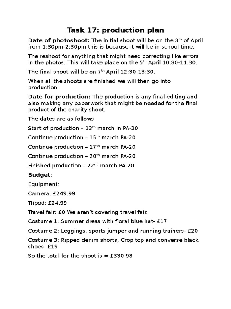 Task 17 Production Plan | PDF | Clothing | Fashion