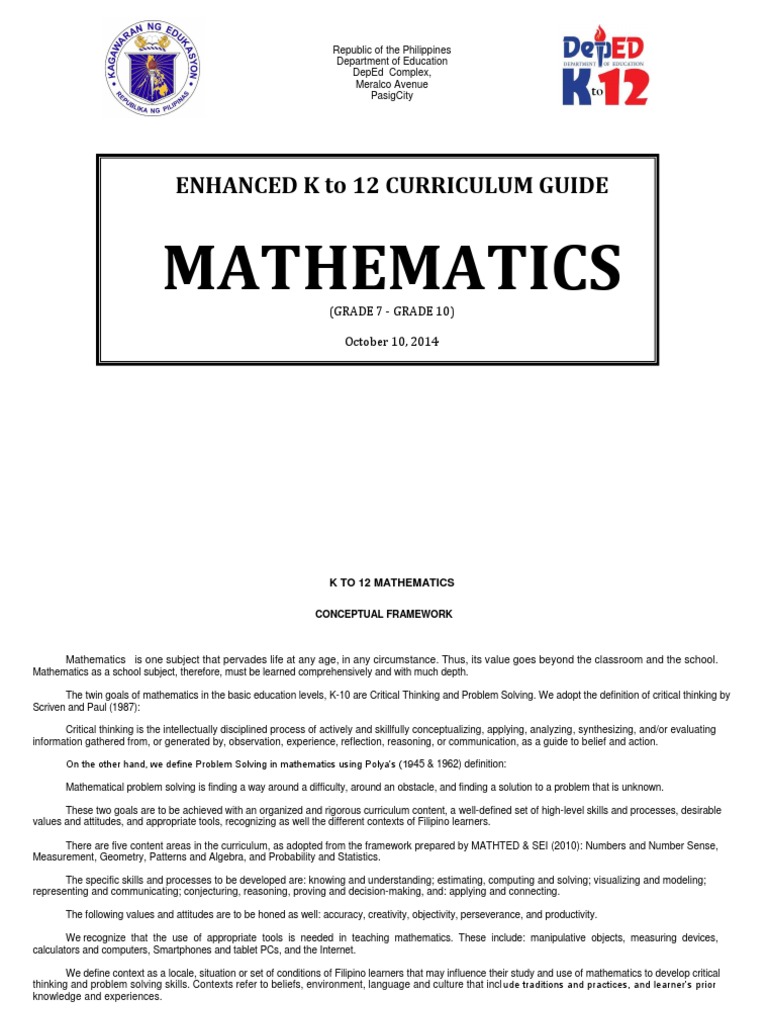 Curriculum Guide (Enhanced Math Grade 7-10) PDF | PDF | Equations ...