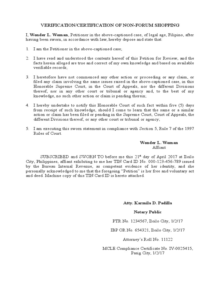 Sample Verification Cetification of Non Forum Shopping | PDF