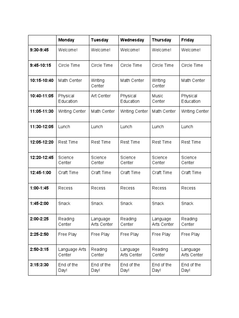 Weekly Classroom Schedule Overview | PDF | Language Arts & Discipline