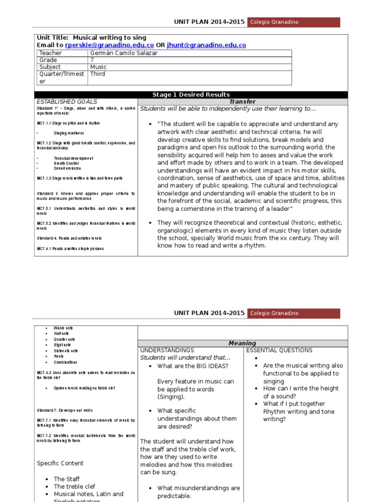 Music Writing Unit Plan for Grade 7 | PDF | Singing | Educational ...