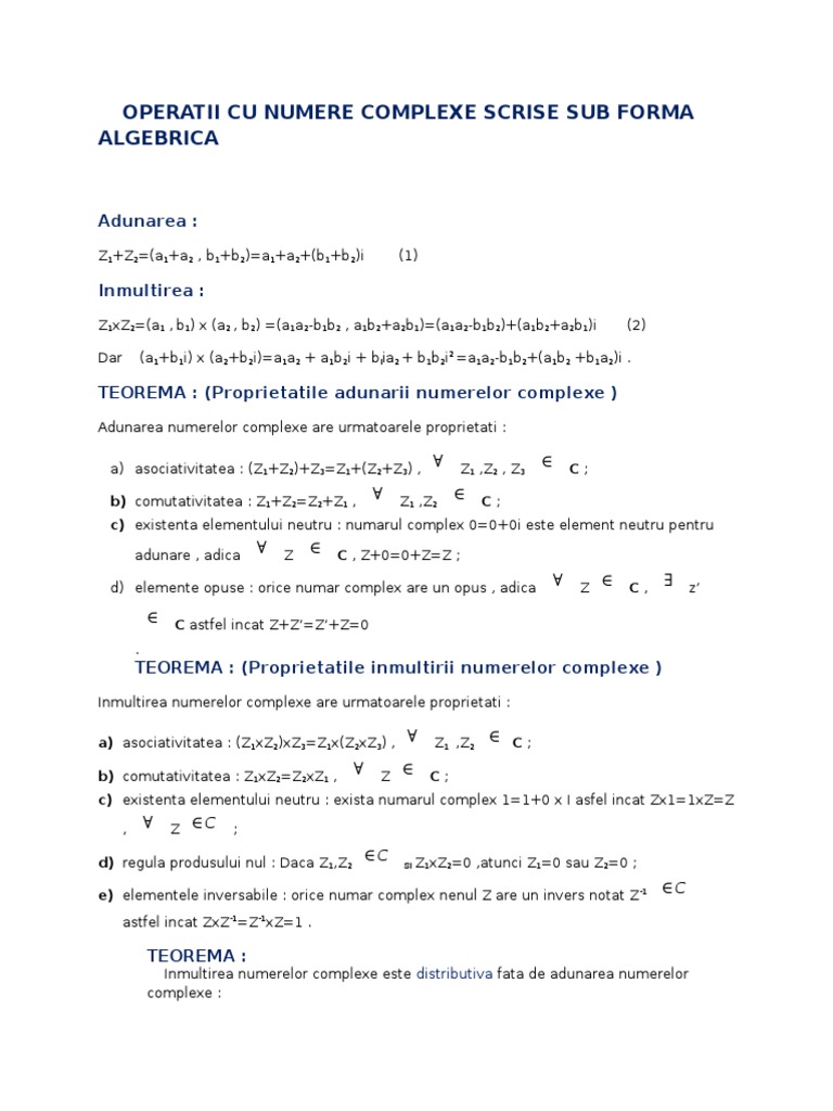 Operatii Cu Numere Complexe Scrise Sub Forma Algebrica | PDF
