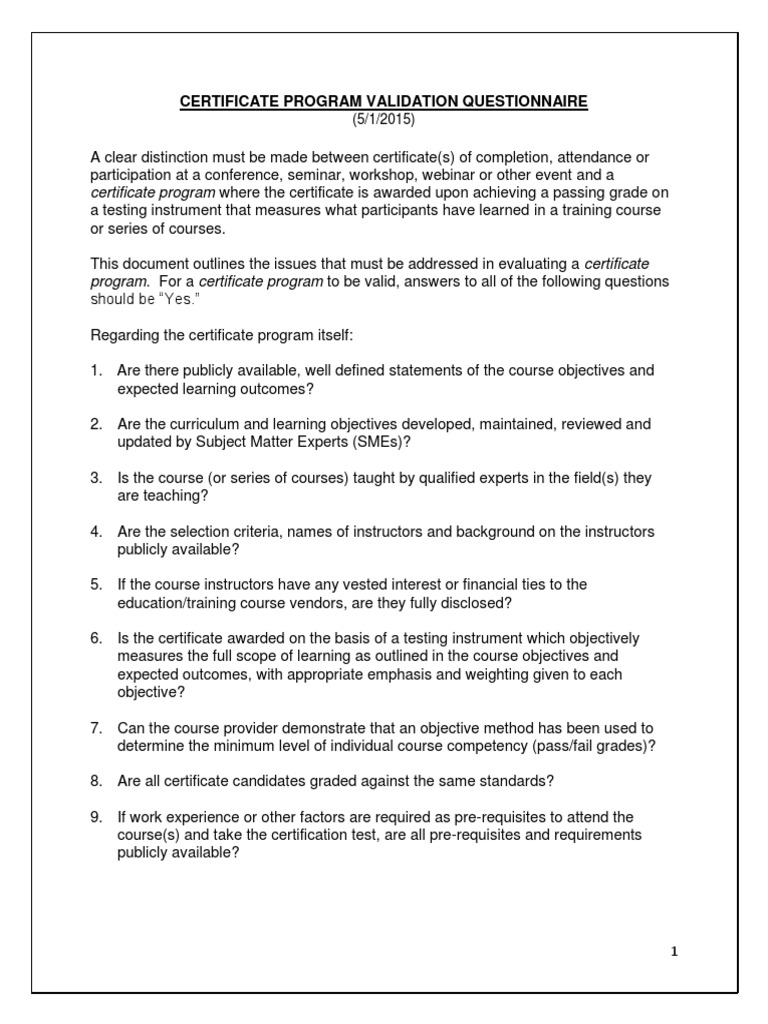 Certificate Program Validation Questionnaire | Professional ...