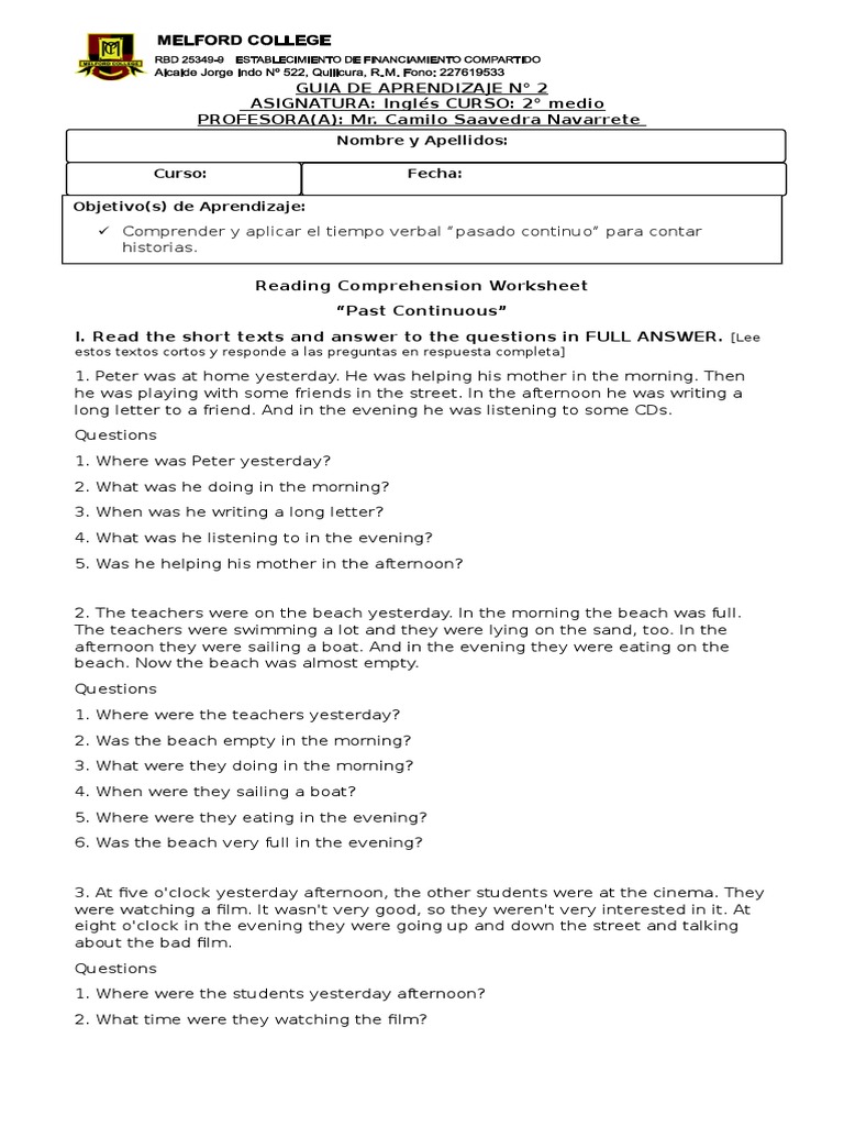 2do Medio Past Continuous Worksheet | PDF | Linguistic Typology | Syntax
