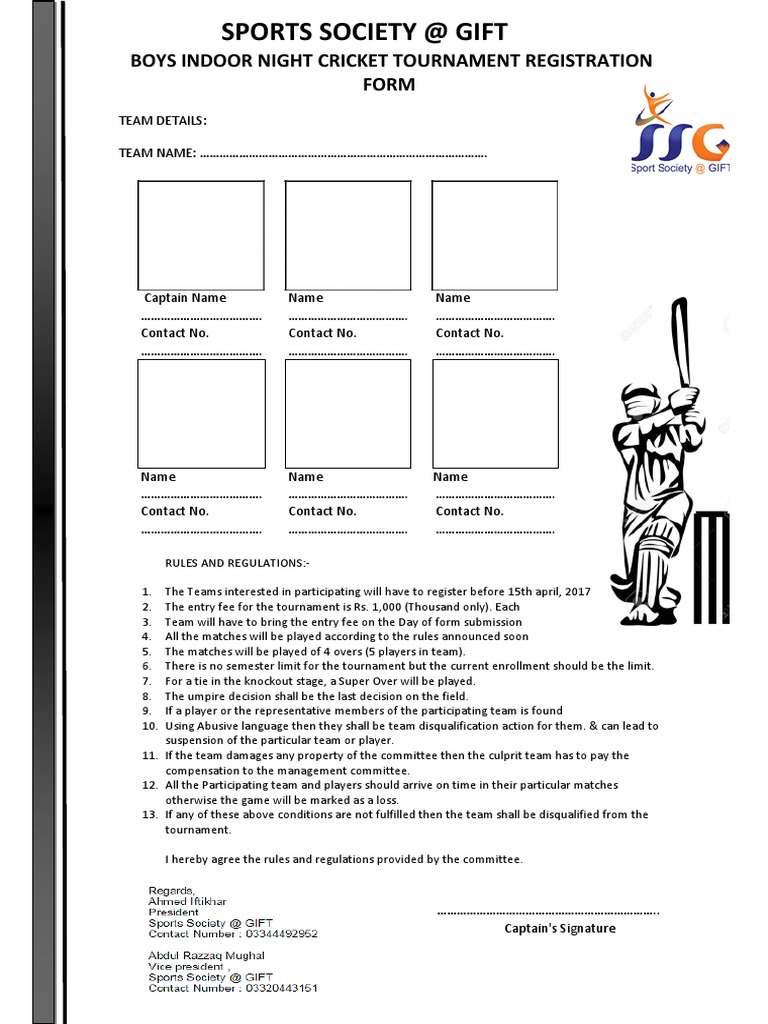 Boys Indoor Night Cricket Tournament Registration Form | PDF