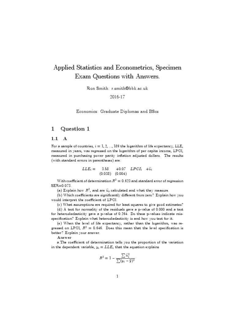 Applied Statistics and Econometrics, Specimen Exam Questions With Answers | Download Free PDF ...