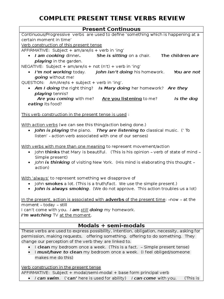 Complete Present Tense Verbs Review | PDF | Verb | Morphology