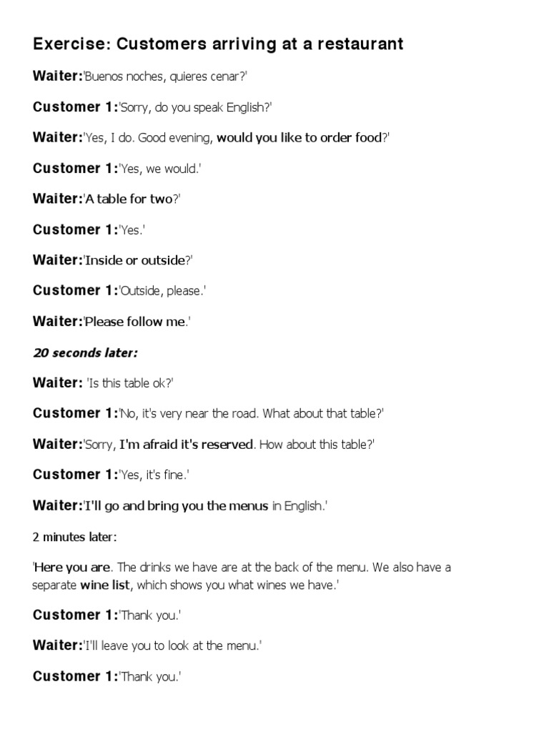 Restaurant Dialogue - PART 1 Customers Arriving at a Restaurant ... Restaurant Dialogue - PART 1 Customers Arriving at a Restaurant ...