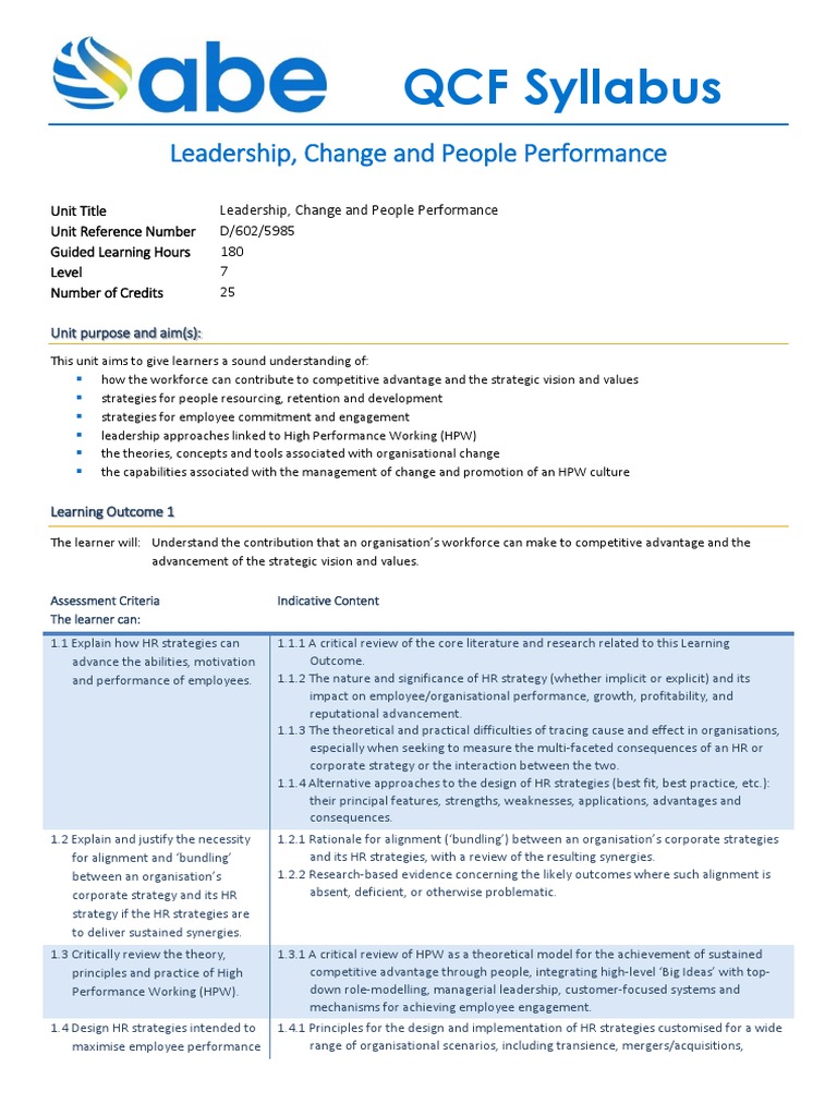 ABE Leadership, Change and People Performance - Syllabus - Level 7 ...