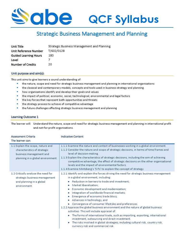 Strategic Business Management Syllabus | PDF | Strategic Management ...