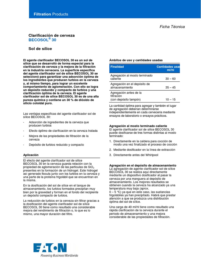 Eaton BECOSOL 30 Beer TechnicalDataSheet ES | PDF | Cerveza | Filtración