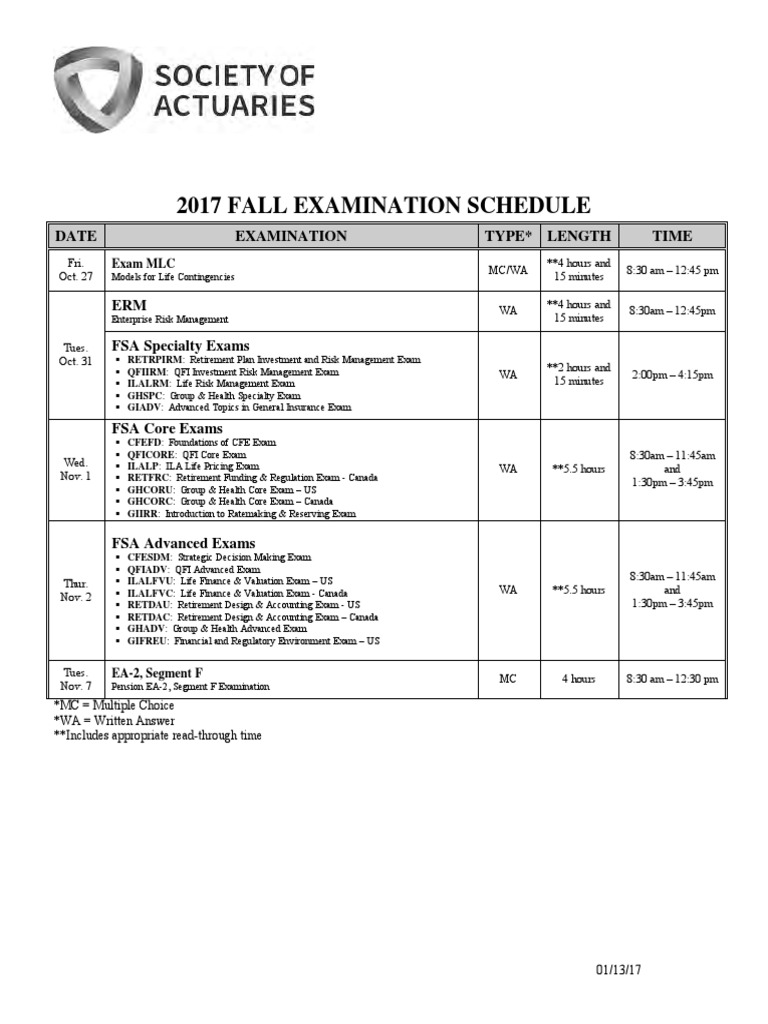 Edu 2017 Fall Exam Dates | PDF | Risk Management | Financial Economics