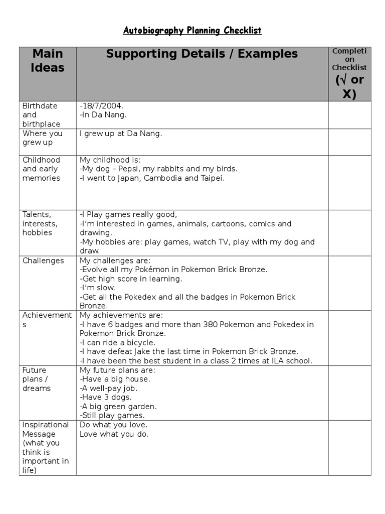 Autobiography Planning Checklist | PDF
