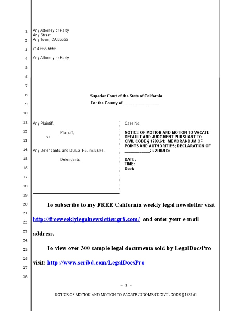 Sample Motion to Vacate Judgment Under Civil Code Section 1788.61 in ...