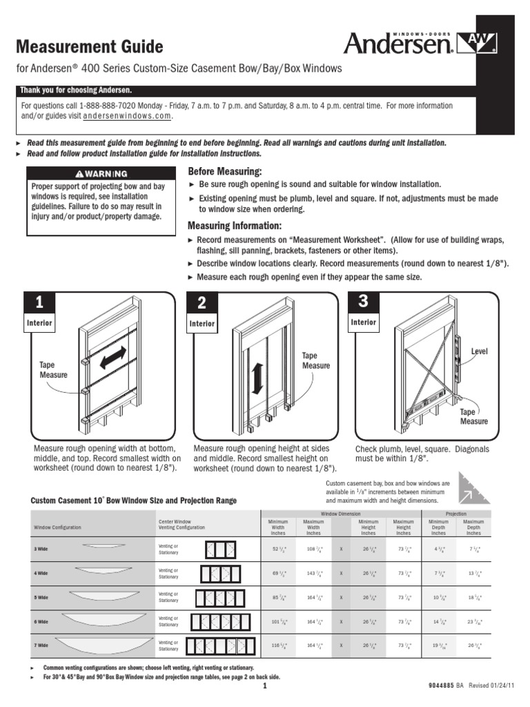 Andersen Measurement Guide Tear Pad 400 Series Bay Bow Box Window ...