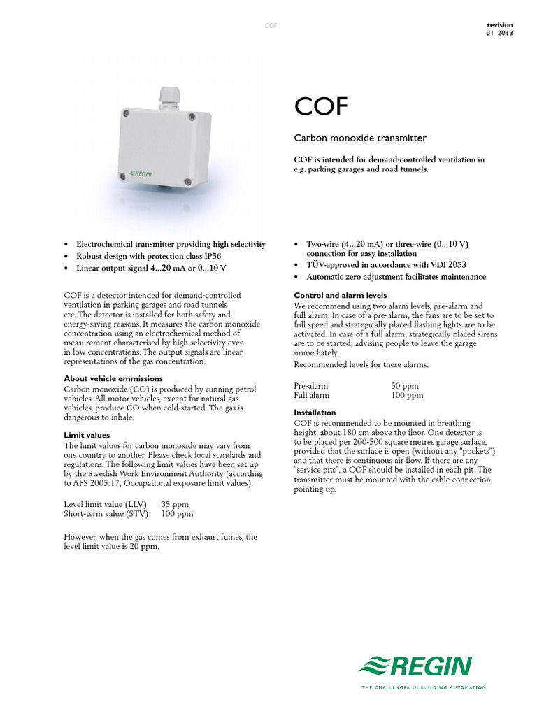 Regin CO Sensor (COF) PDF | PDF | Carbon Monoxide | Sensor