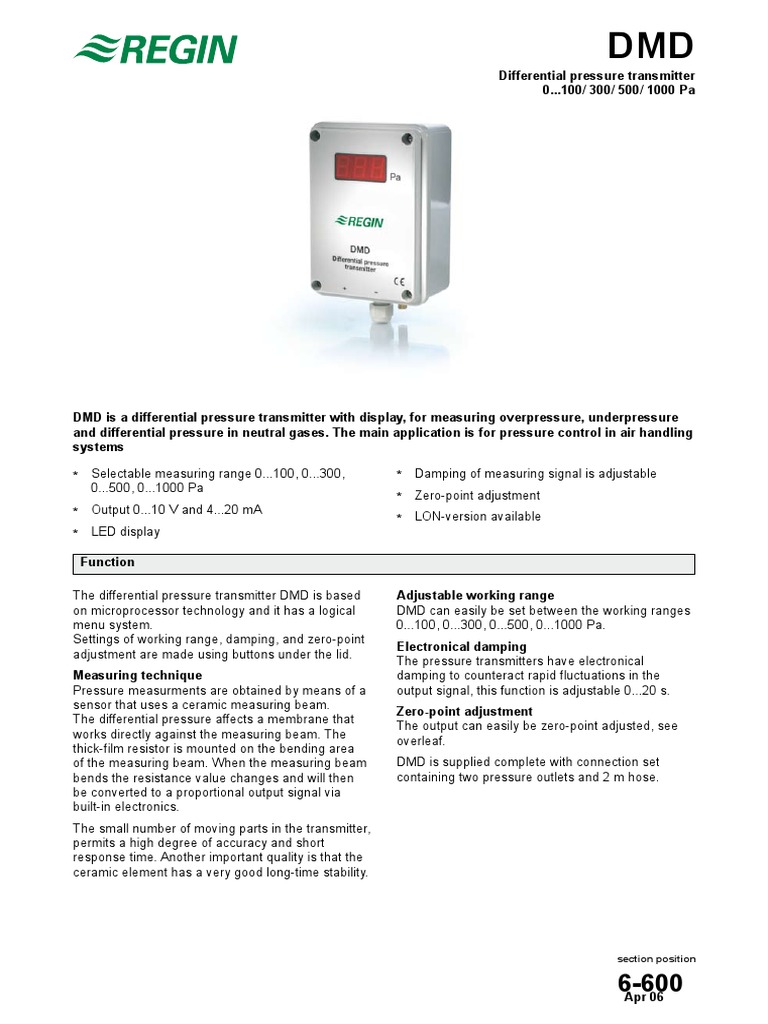 Regin DMD Air Differential Pressure Transmitter | PDF | Pressure ...