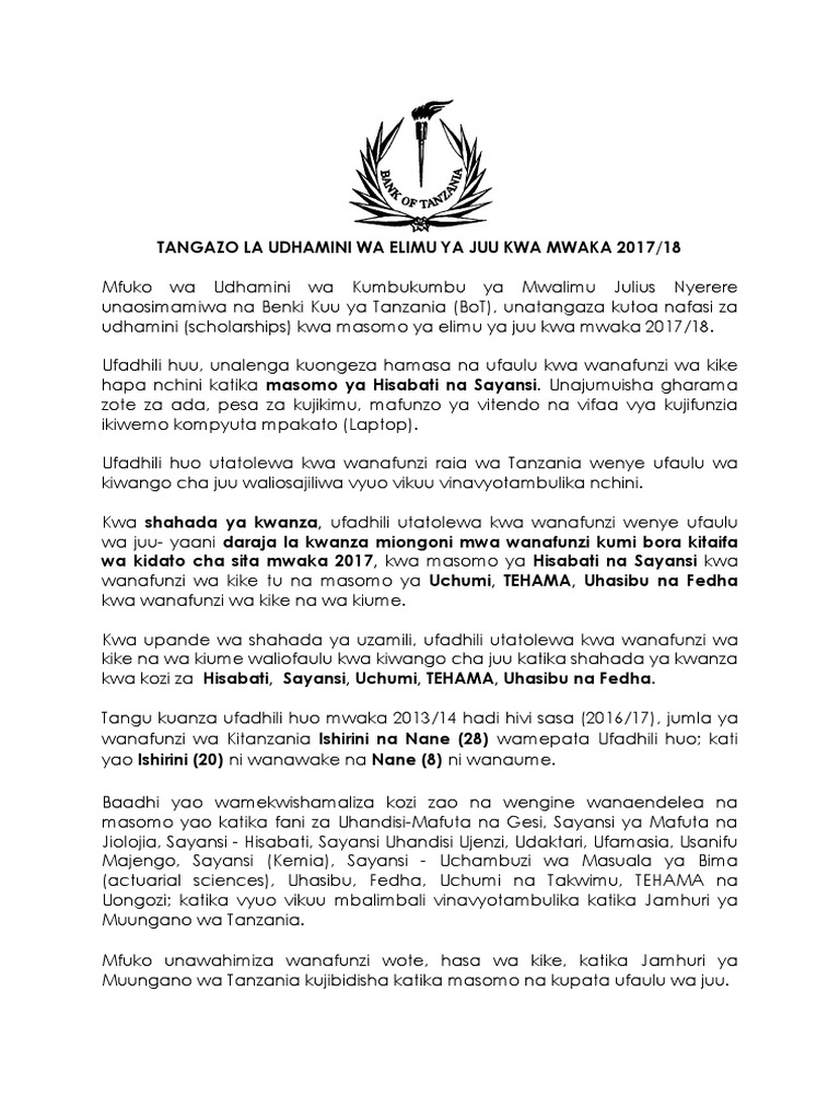 Tangazo La Udhamini Wa Elimu Ya Juu 2017 Final | PDF Tangazo La Udhamini Wa Elimu Ya Juu 2017 Final | PDF