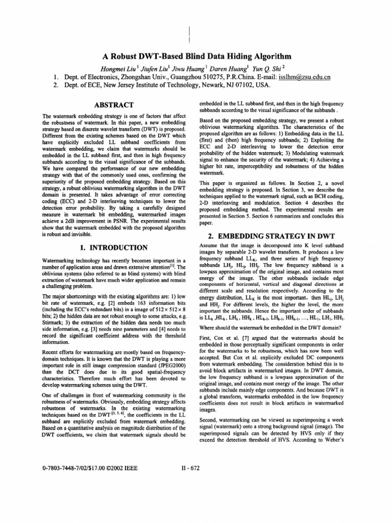 A Robust DWT-Based Blind Data Hiding Algorithm: Liu Shi | PDF | Forward Error Correction ...