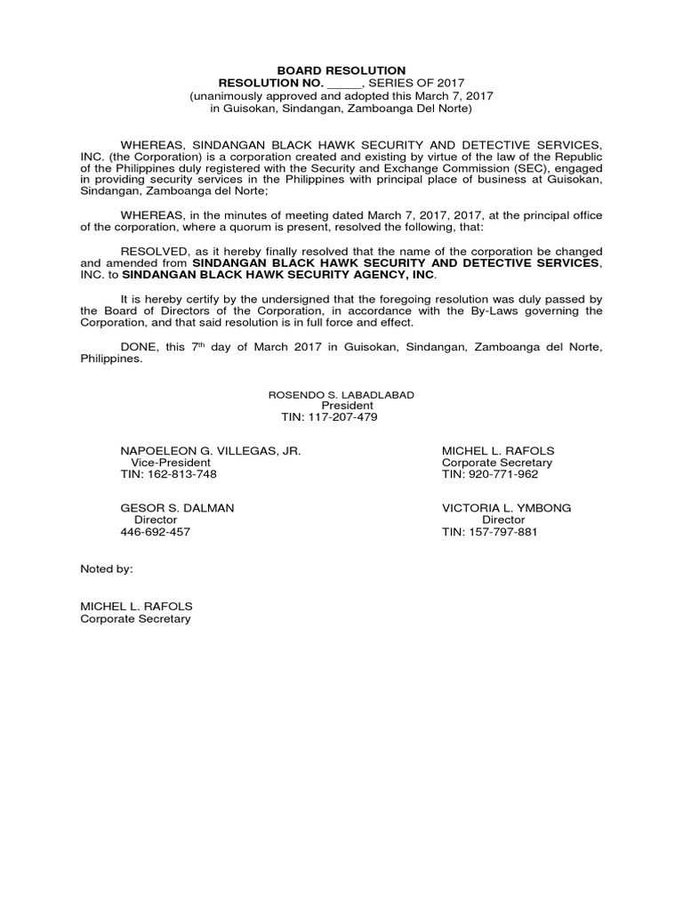 BOARD RESOLUTION Amended Corporate Name | PDF | U.S. Securities And ...