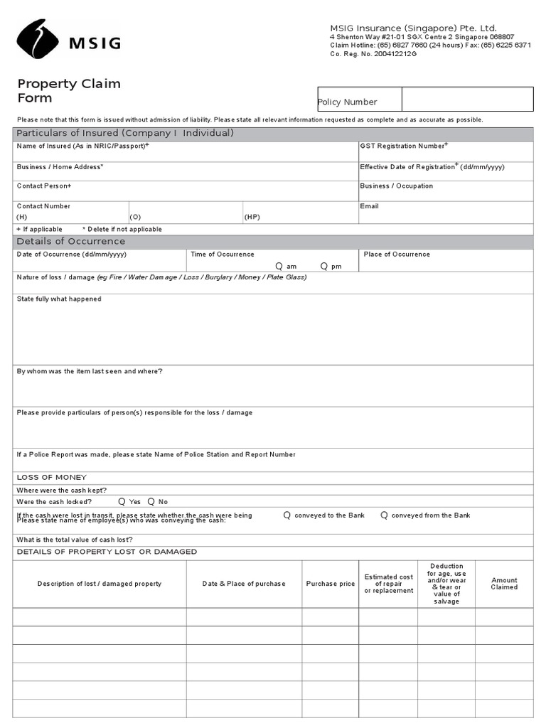 Property Claim Form: Particulars of Insured (Company I Individual ...