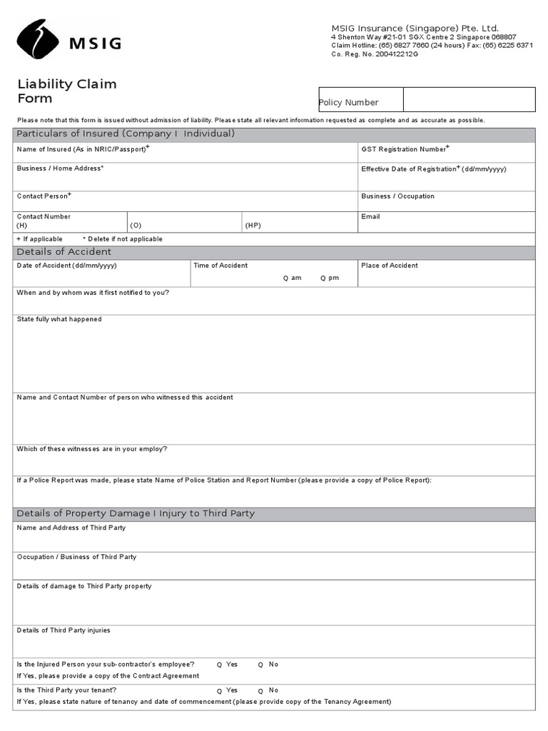 Liability Claim Form: Particulars of Insured (Company I Individual ...