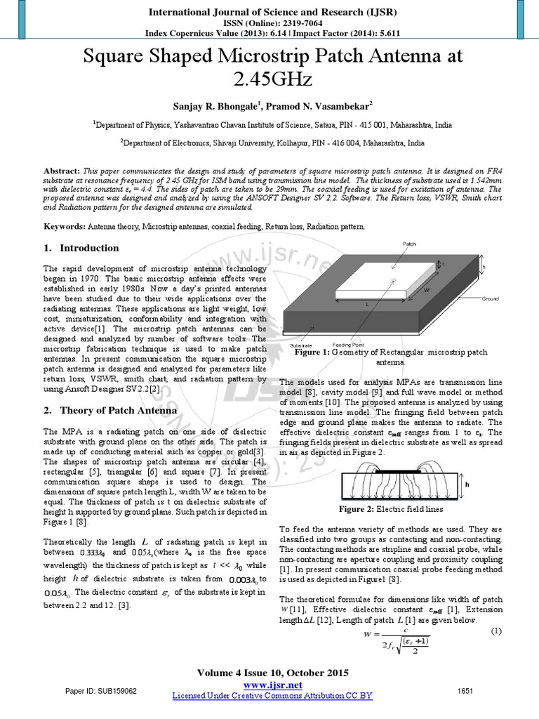 Square Shaped Microstrip Patch Antenna at 2.45Ghz: Sanjay R. Bhongale ...