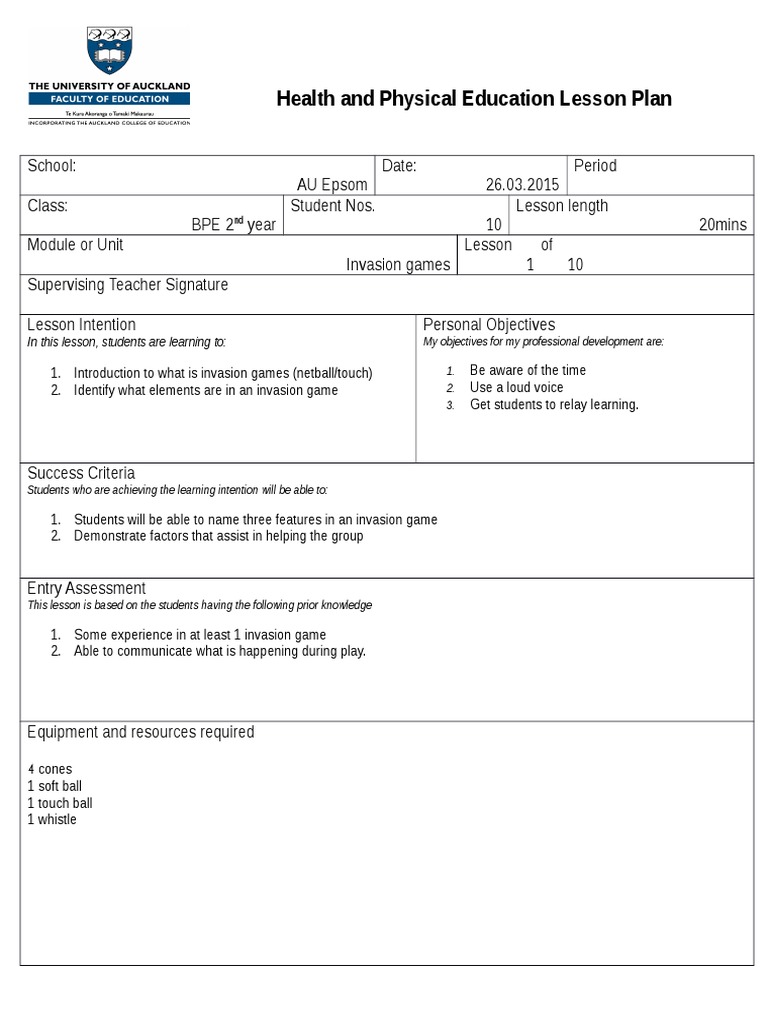 Health and Physical Education Lesson Plan: in This Lesson, Students Are ...