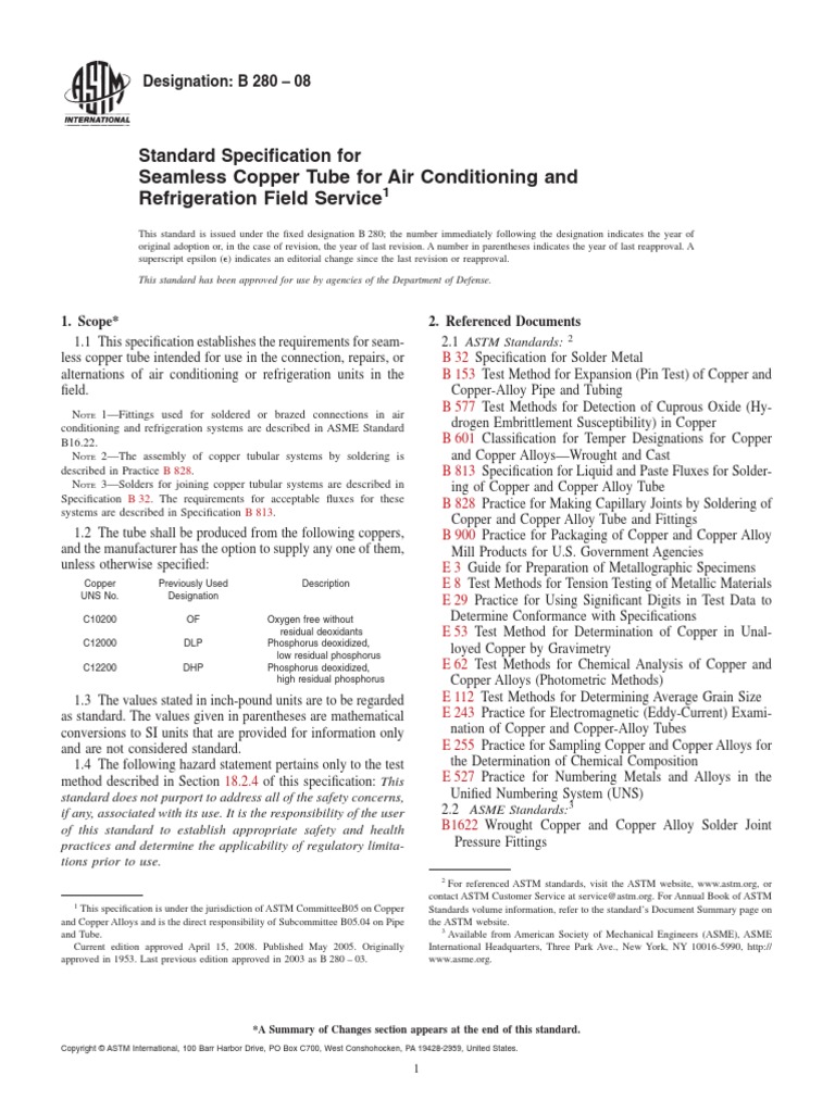 ASTM B280-08 Standard Specification For Seamless Copper Tube For Air ...