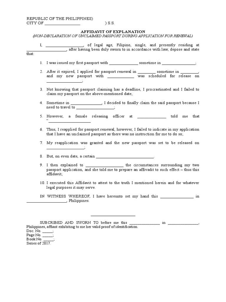 Affidavit for Unclaimed Passport Renewal | PDF | Affidavit | Passport