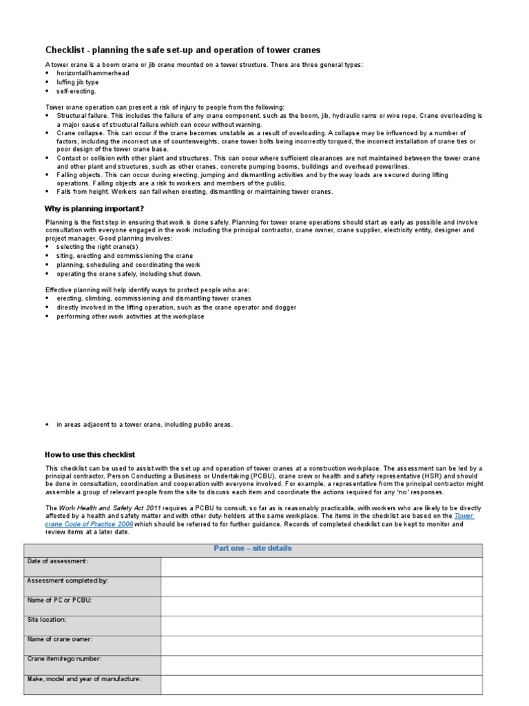 Tower Crane Checklist | PDF | Crane (Machine) | Elevator